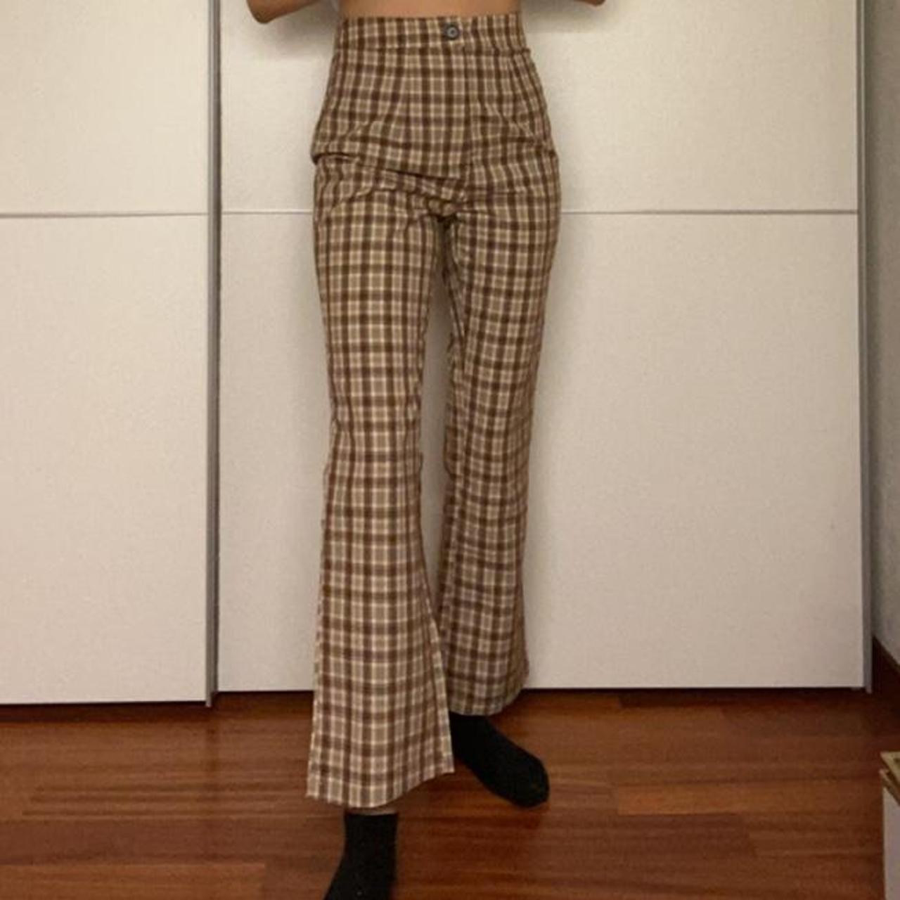 ⚡️ Brown and beige checked straight leg pants from... - Depop
