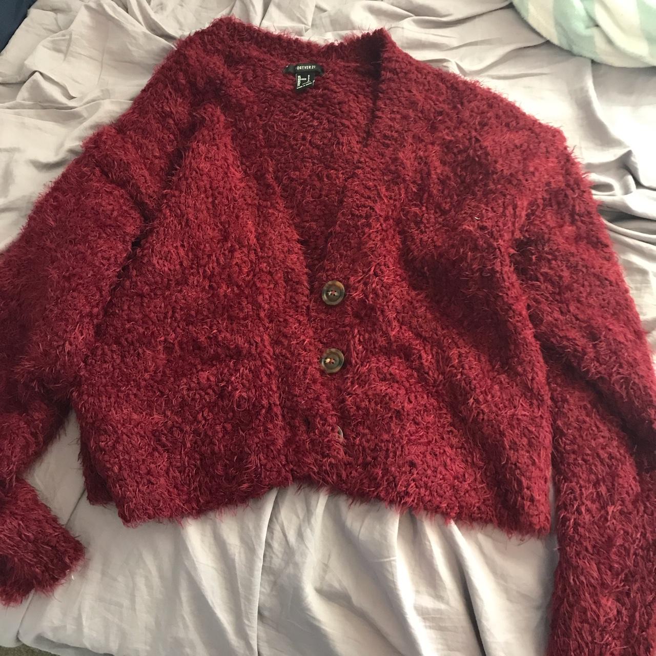 maroon fuzzy cardigan with brown buttons - Depop