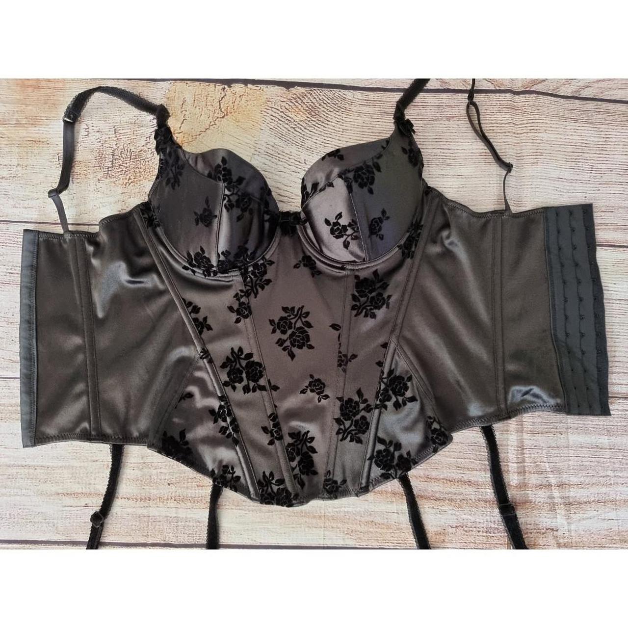 Vintage La Senza Black suspender Basque with floral... - Depop