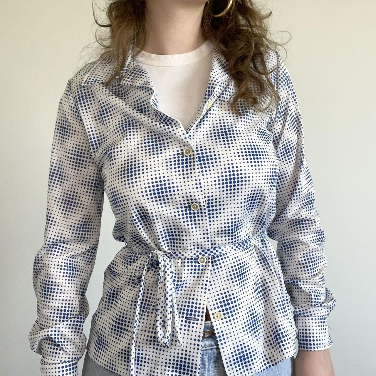 Vintage Printed Button Up Shirt 70s blue polka dot/... - Depop