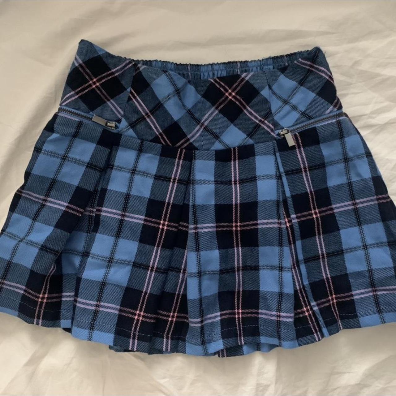 blue plaid mini skirt with zipper details and shorts... - Depop
