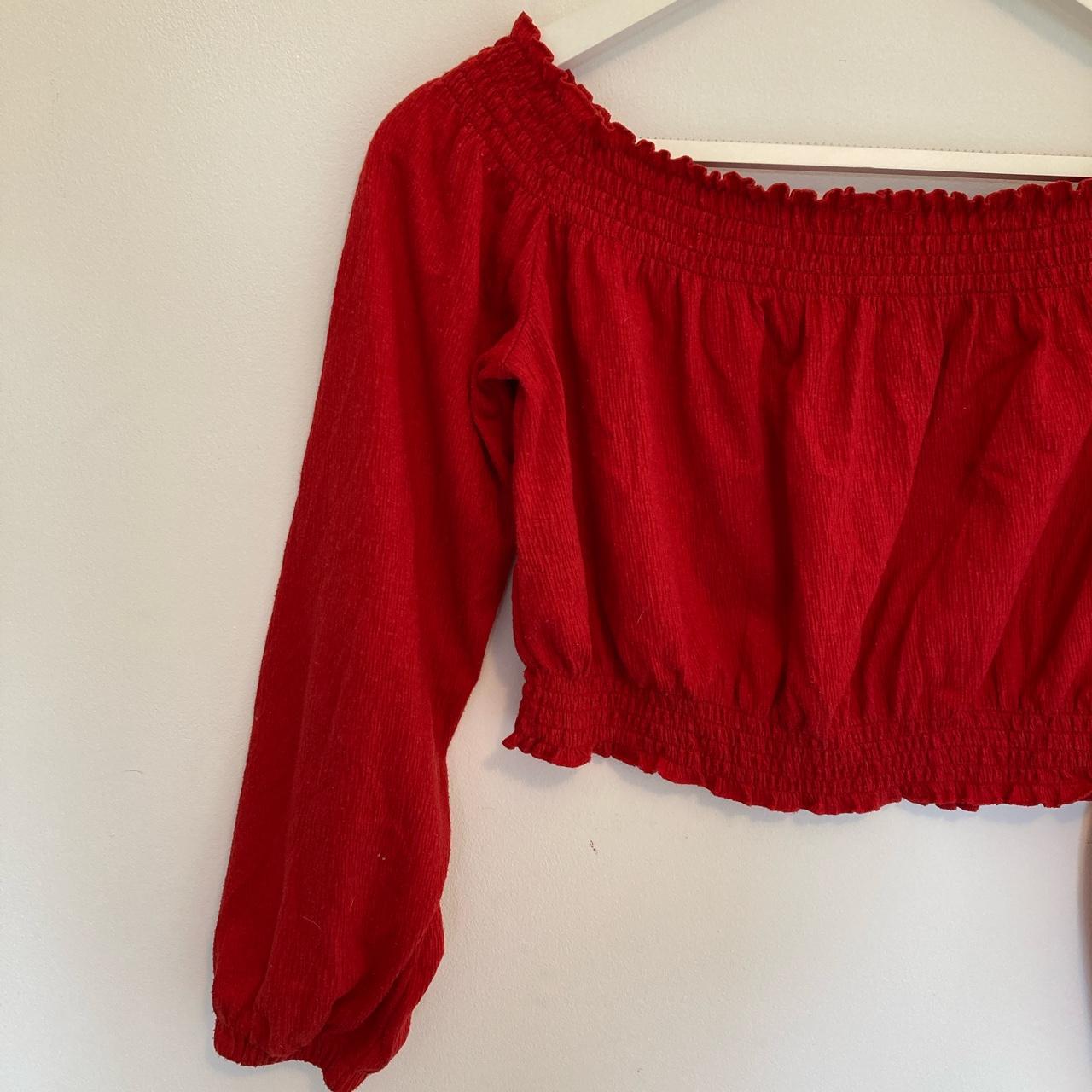 Red bardot top with ruching - Depop