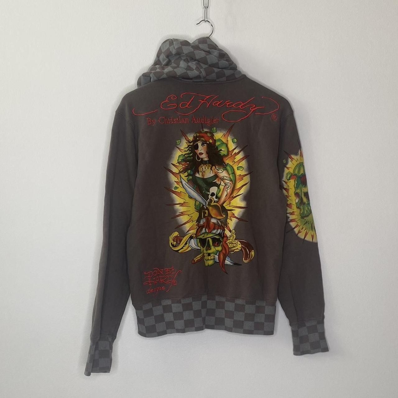 Early 2000’s Ed Hardy Checkered Graphic Gothic... - Depop