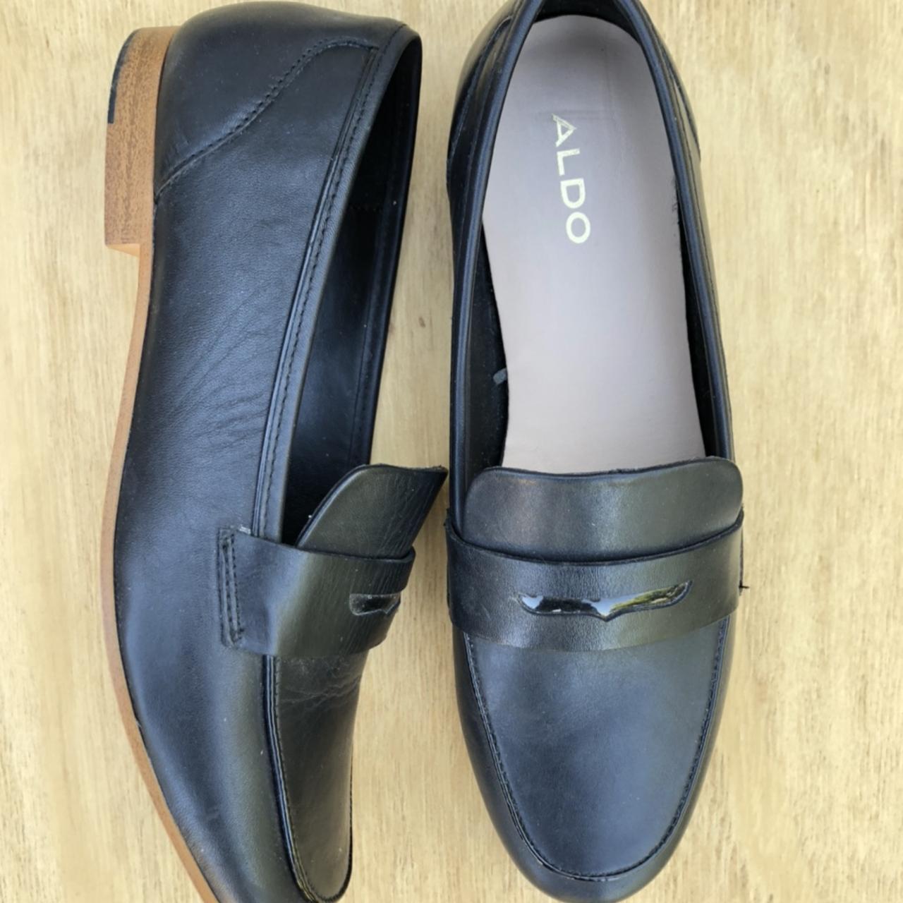 Aldo women’s penny loafers in black with a wooden... - Depop