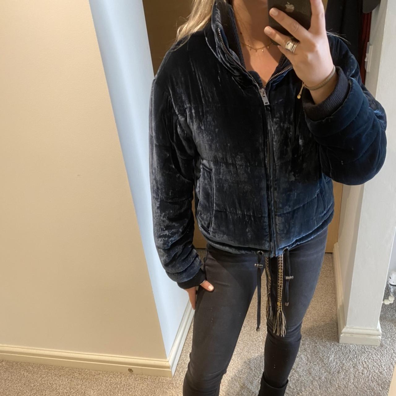 ZARA Metallic Blue Velvet Bomber jacket Great... - Depop