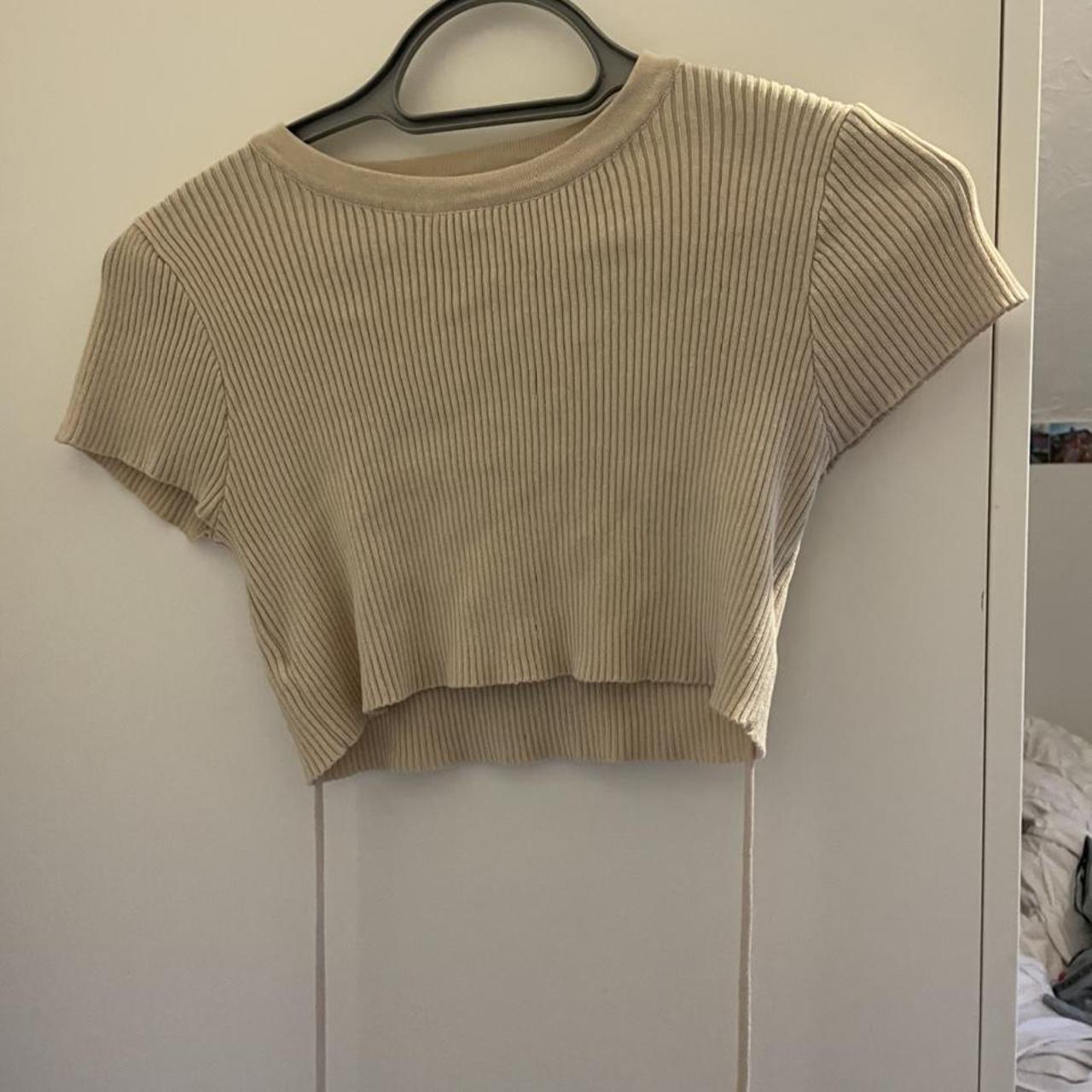 stunning ribbed/knit tie up top in a beige colour!... - Depop