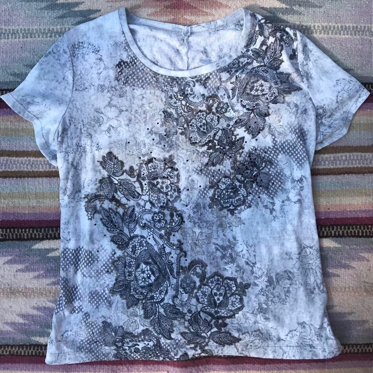 Floral 2000s graphic tee with rhinestones and a... - Depop