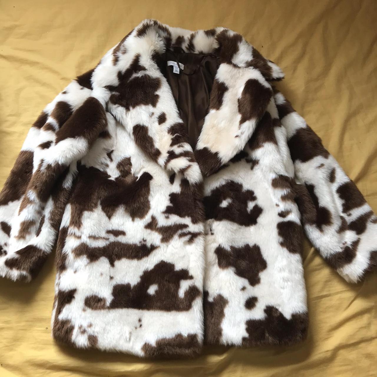 Cow print cow fur coat brown and white fur jacket -... - Depop