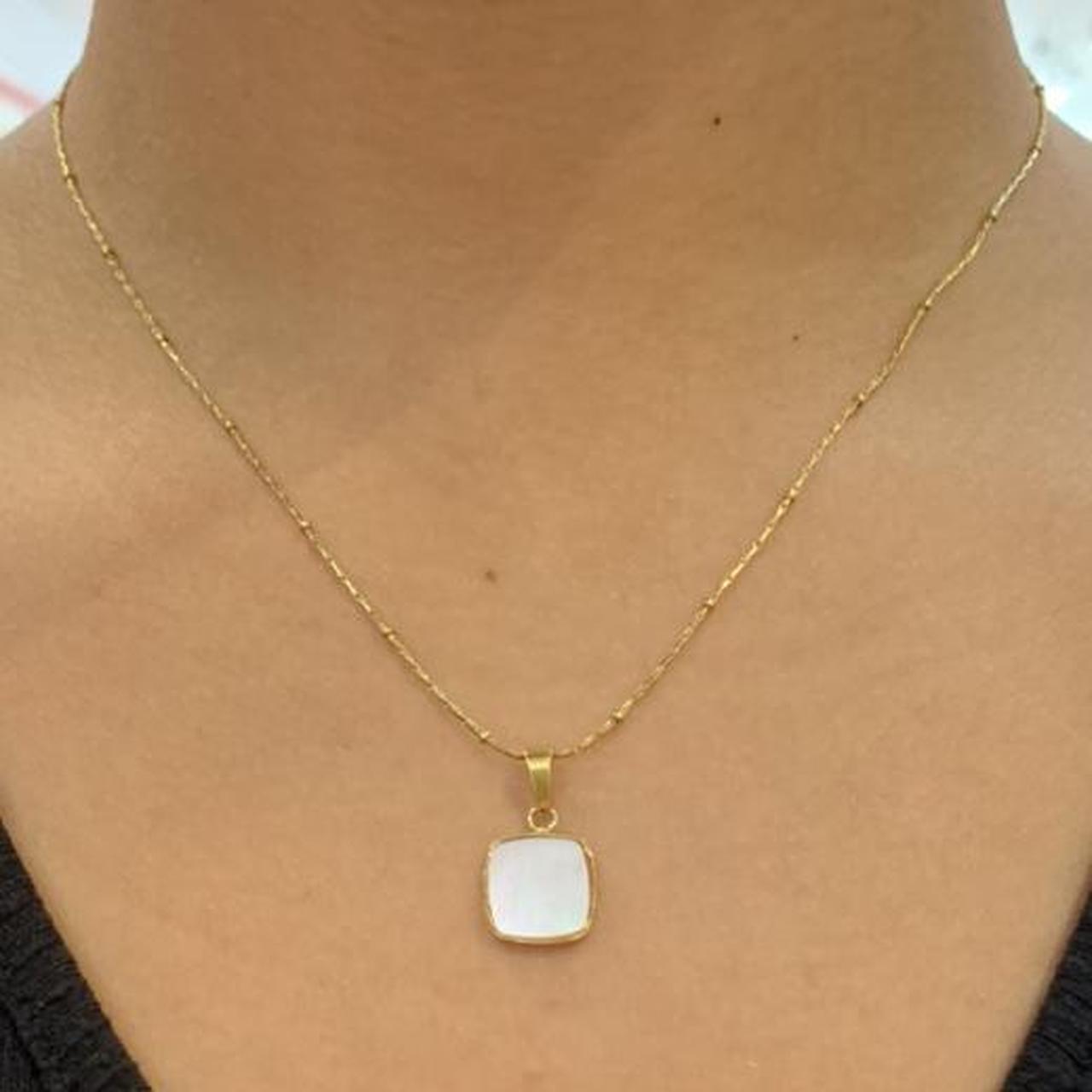 Square Opal Pendant Necklace Stainless Steel with... - Depop