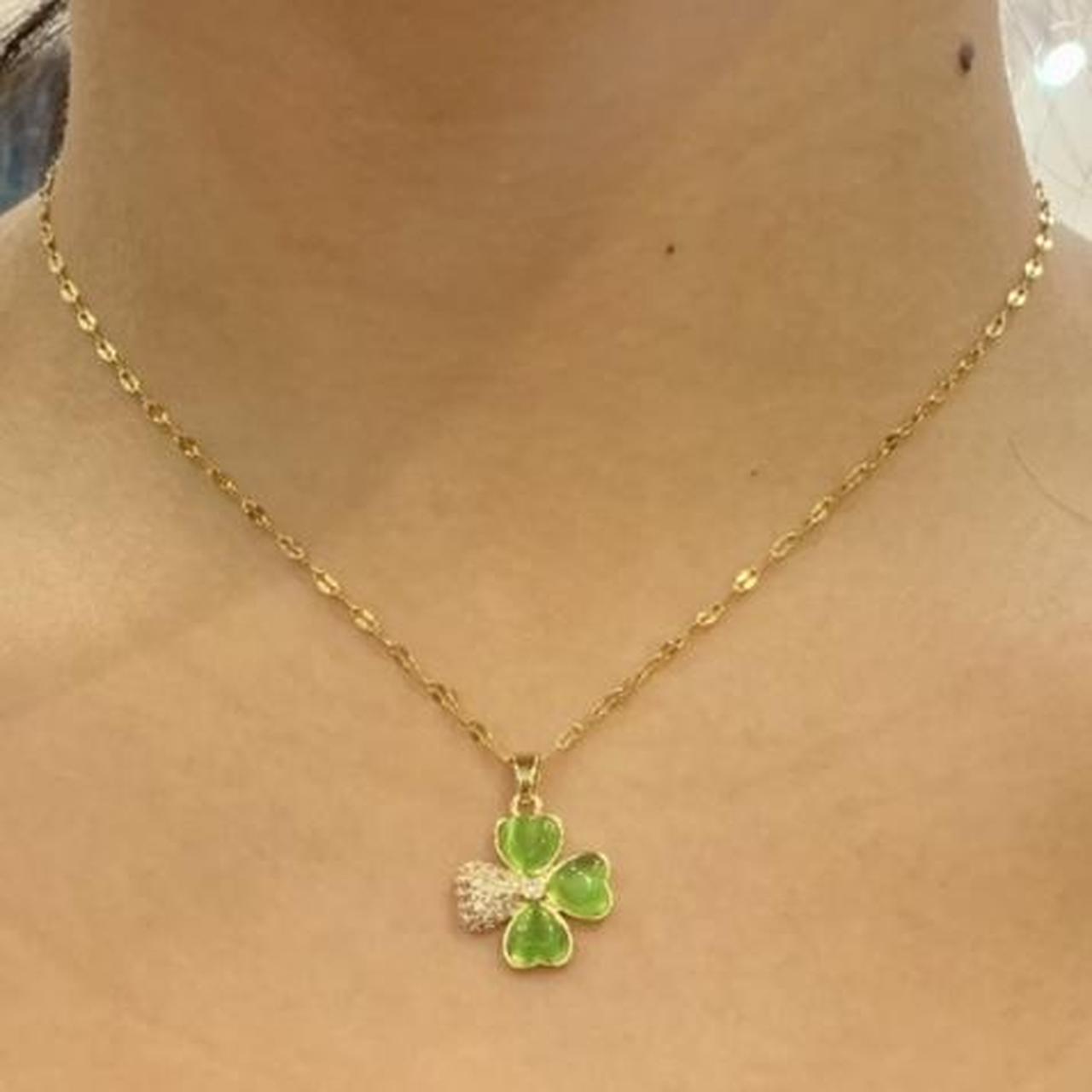 Green and Gold Clover Pendant Necklace Stainless... - Depop