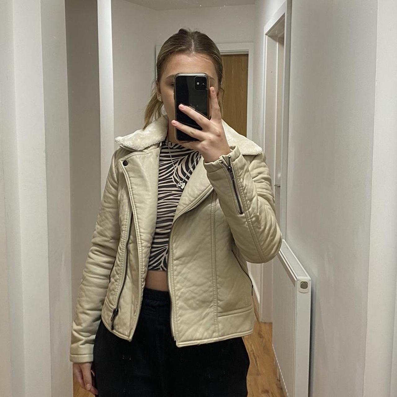 Gorgeous cream leather jacket Size medium... - Depop