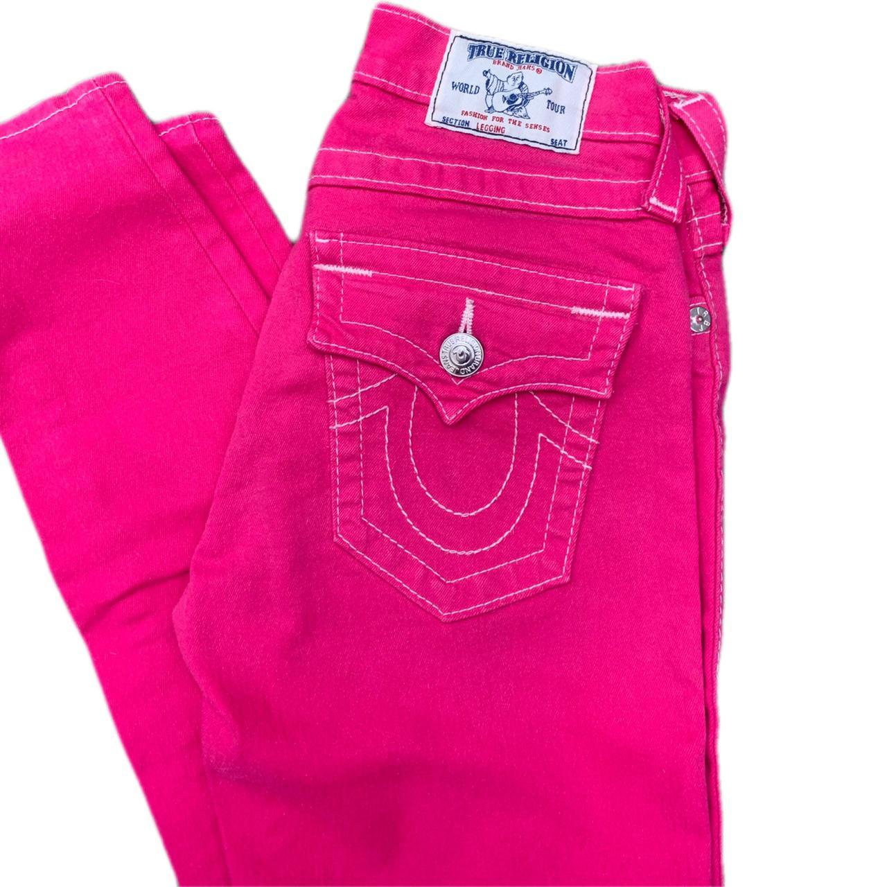 True Religion Women's Pink and White Jeans | Depop