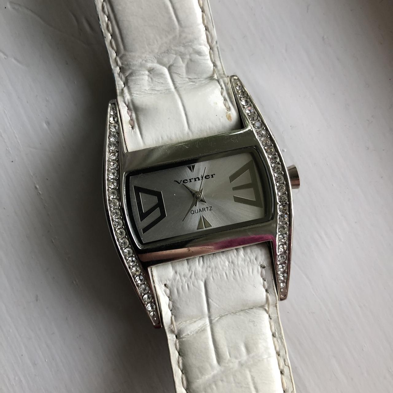 VINTAGE VERNIER WATCH White leather band Quartz and... - Depop