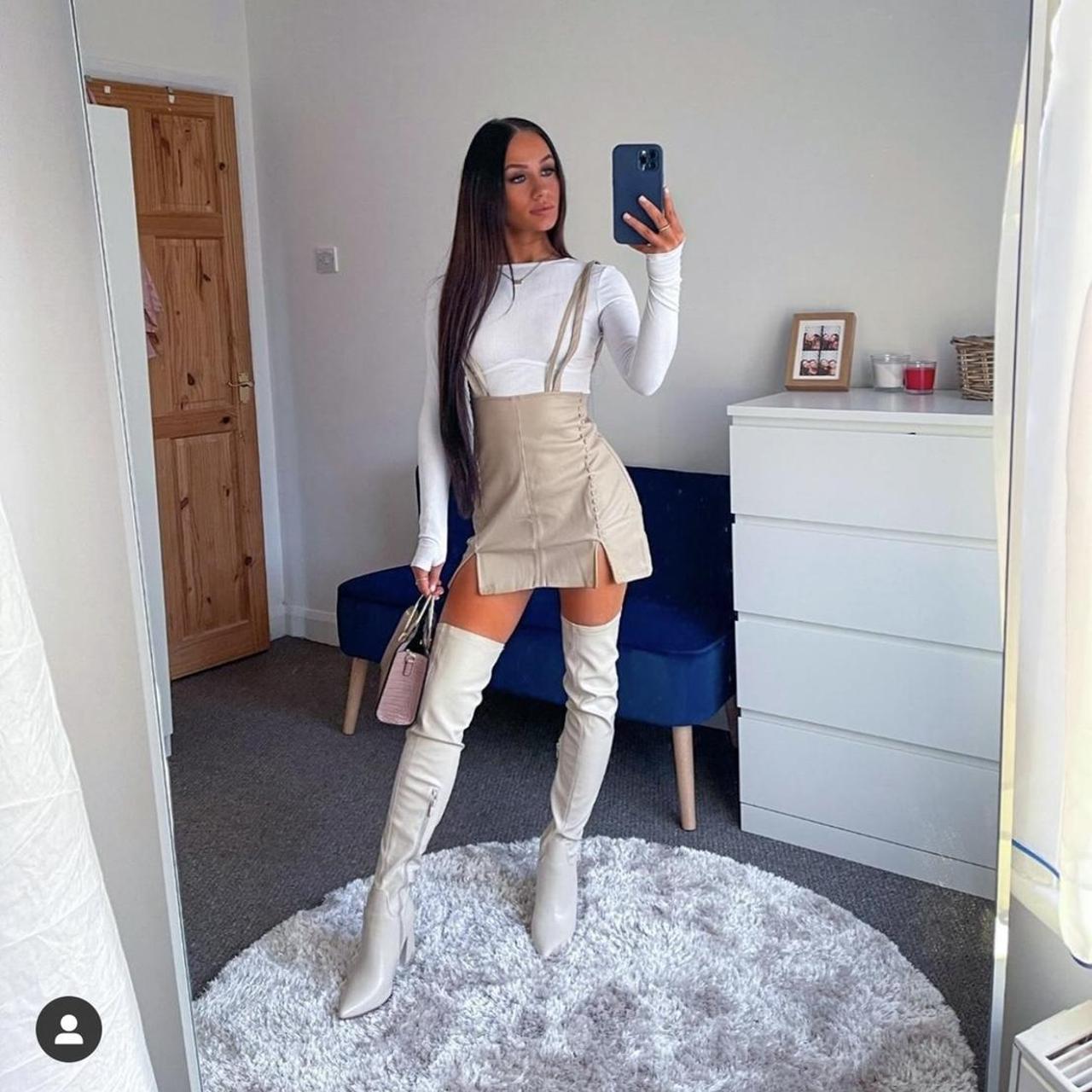 ASOS knee high faux leather heeled boots in cream.... - Depop