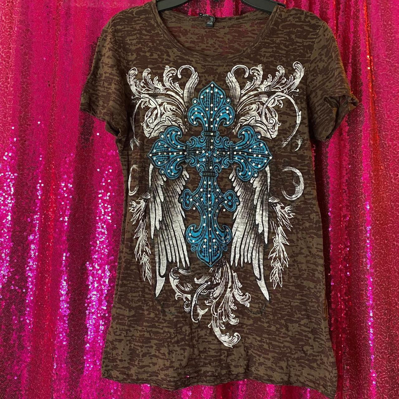 Y2k rhinestone cross see through short sleeve top - Depop