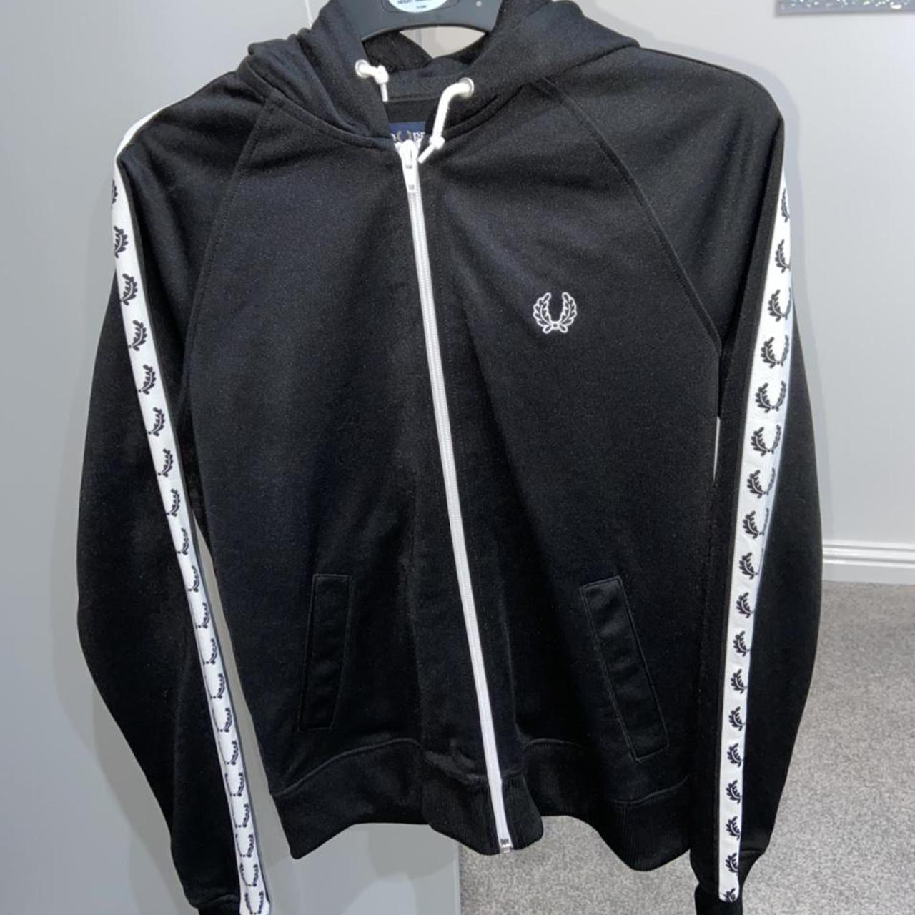 Fred Perry black tape sleeve hooded zipper Perfect... - Depop