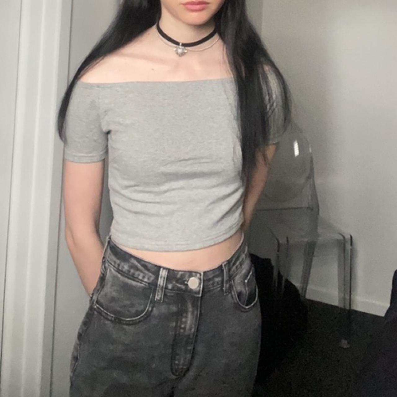 off the shoulder grey top... - Depop