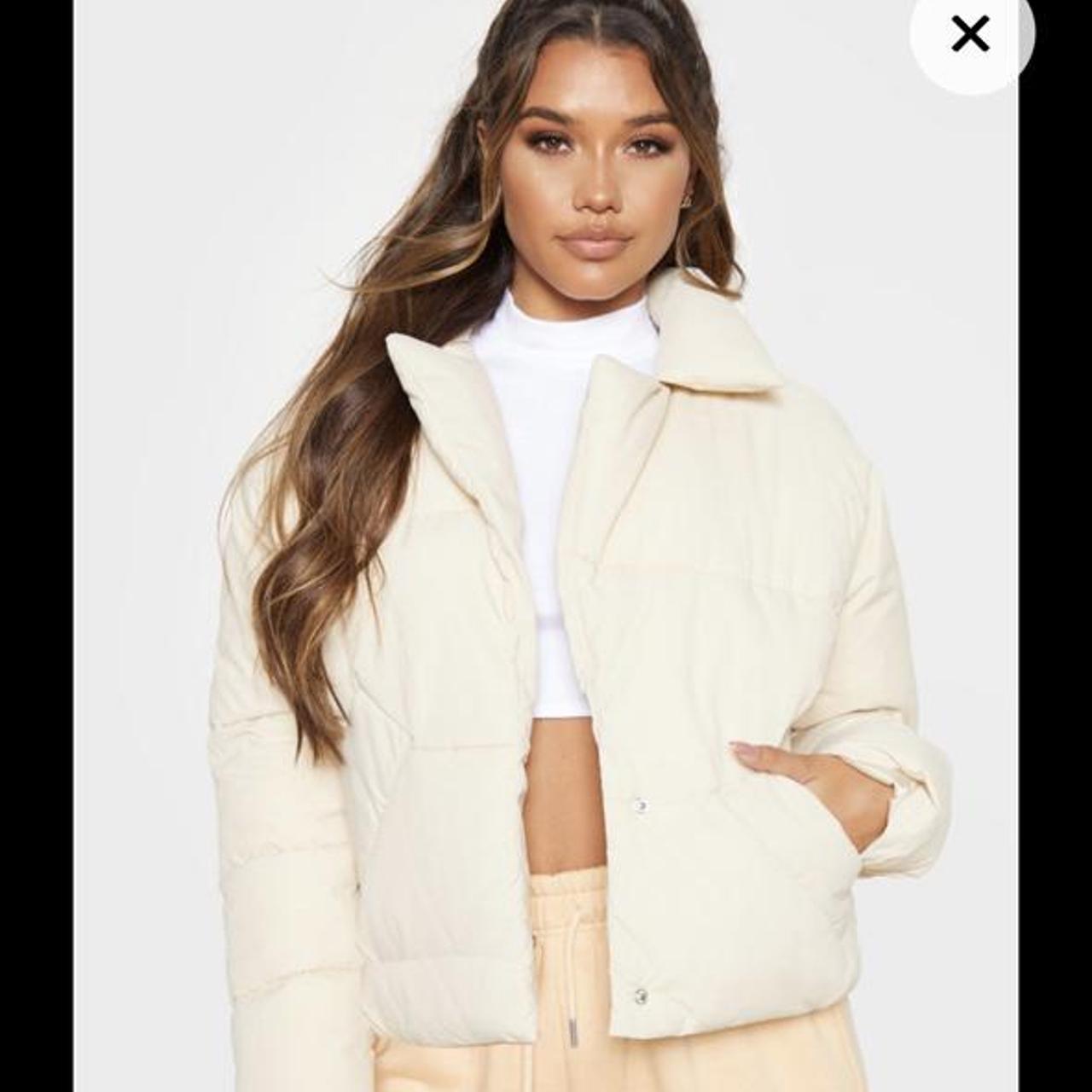 Plt cream oversized cropped puffer jacket in size 6... - Depop