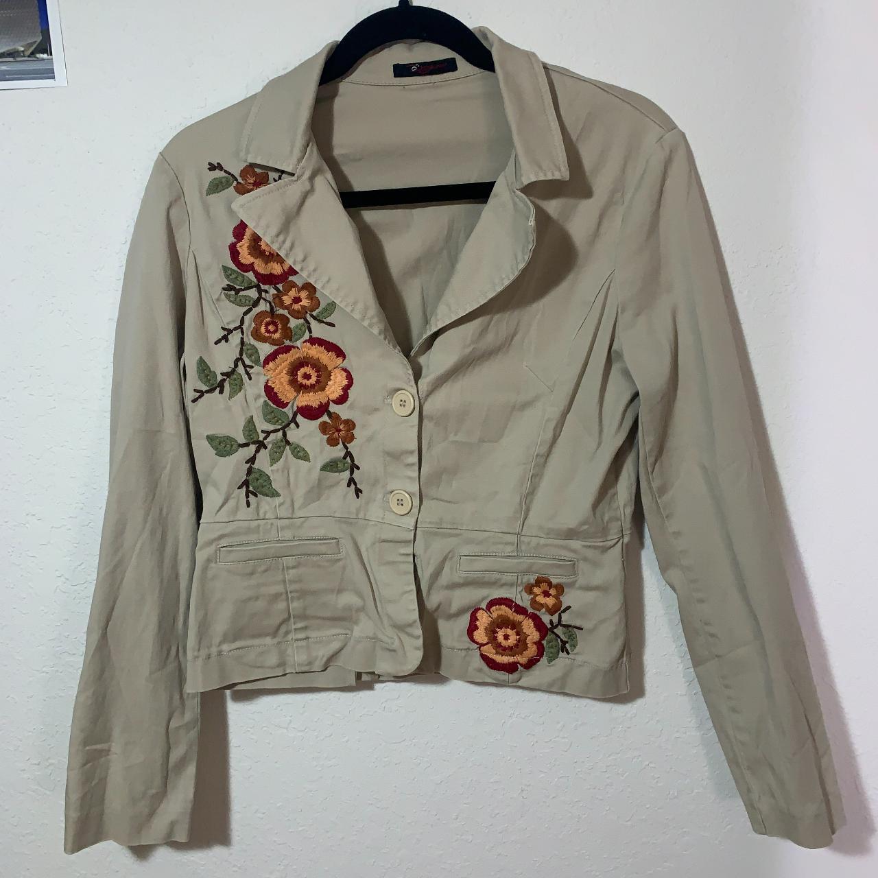 Cream Floral Embroidered Jacket Size: Women's... - Depop