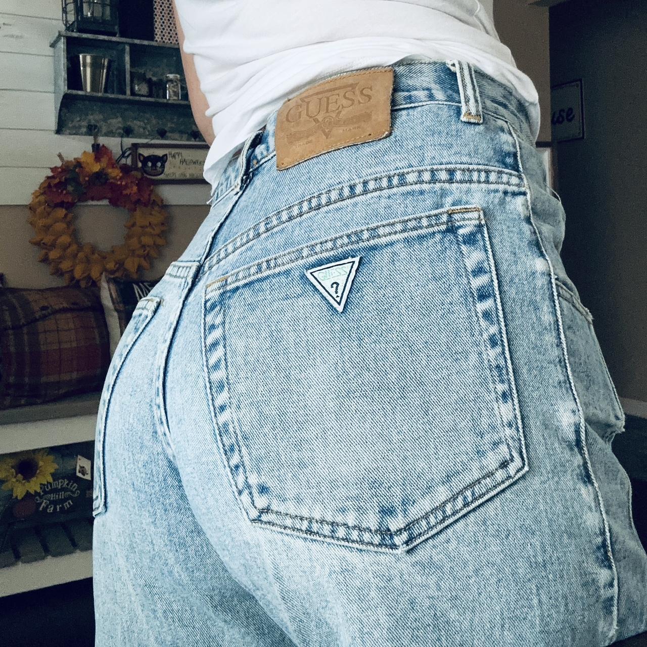 Vintage 80s Guess green tag button fly light wash... - Depop