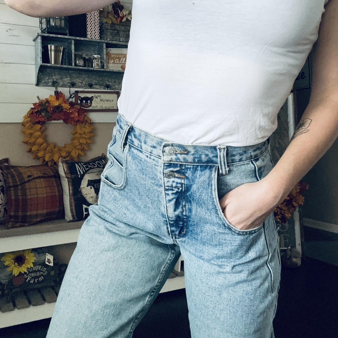 Vintage 80s Guess green tag button fly light wash... - Depop