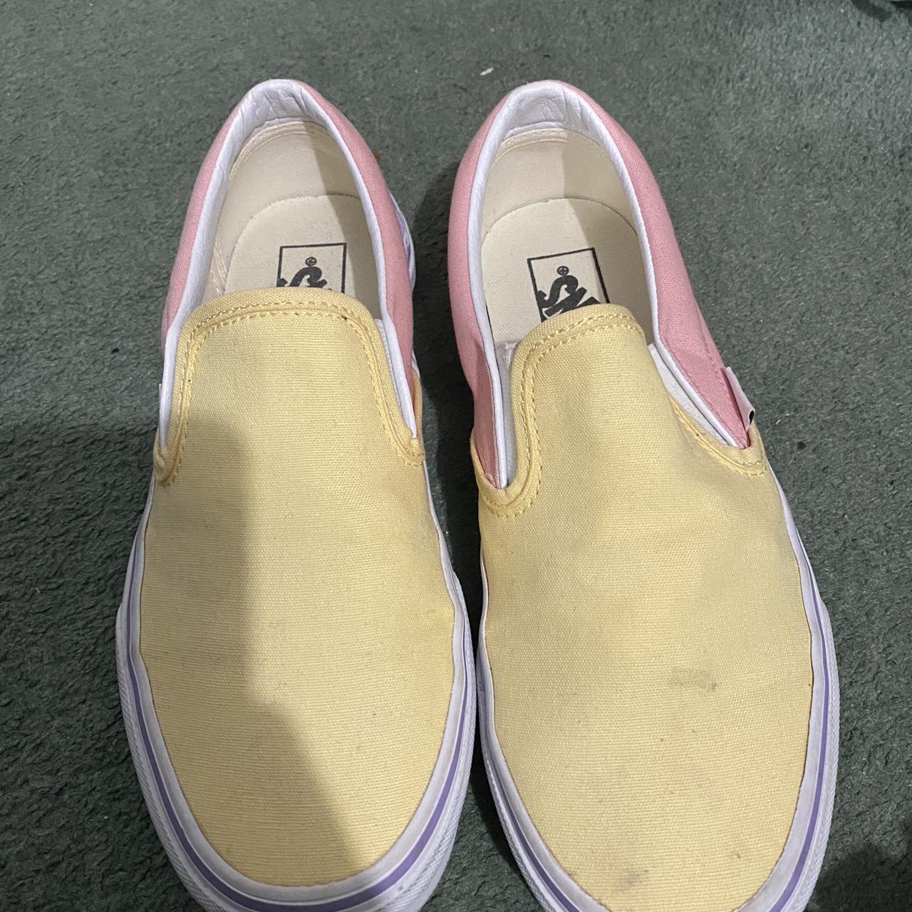 Multi-coloured pastel slip on Vans worn a handful... - Depop