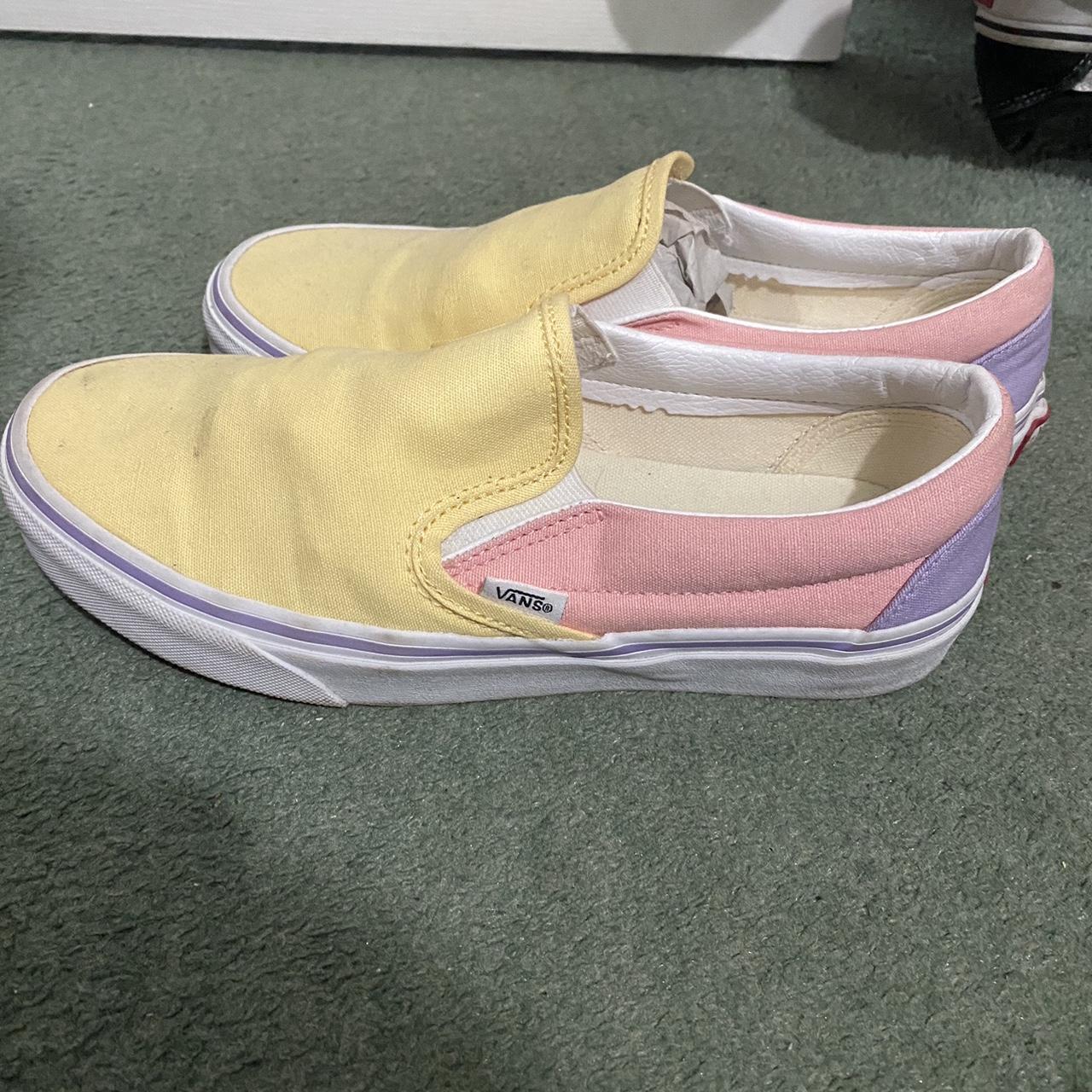 Multi-coloured pastel slip on Vans worn a handful... - Depop