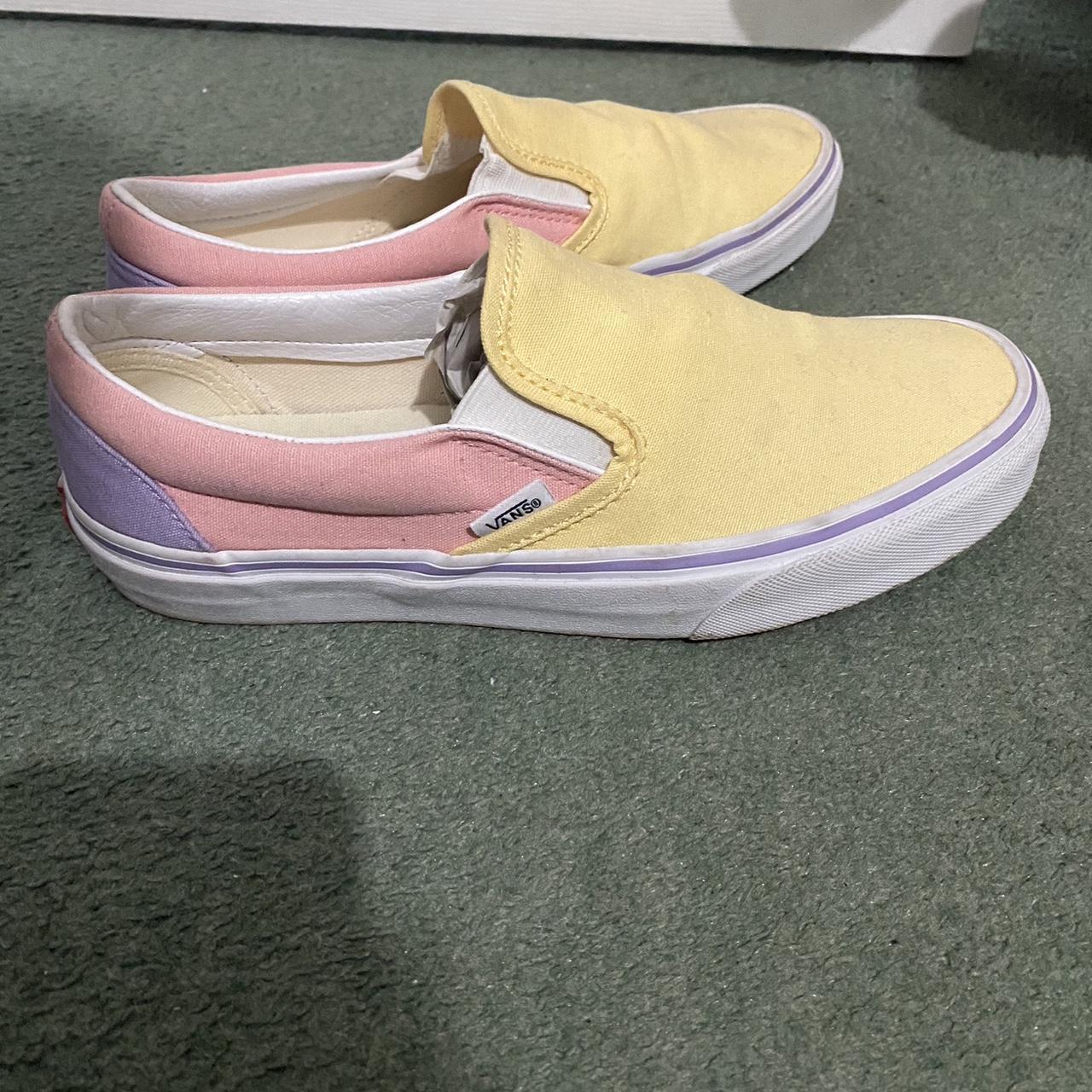 Multi-coloured pastel slip on Vans worn a handful... - Depop