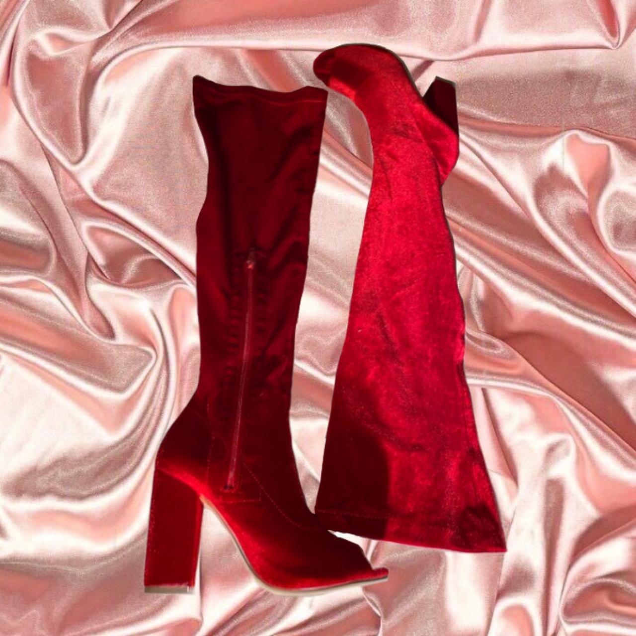 red velvet peep toe knee high boots ️ perfect for a... - Depop