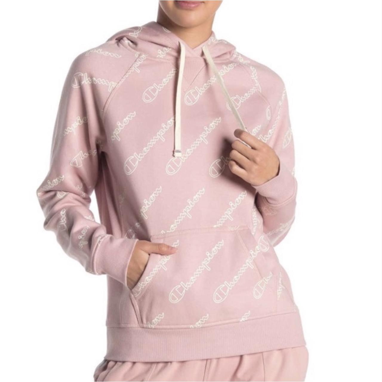 Champion Pink Heritage Logo Fleece Lined... - Depop