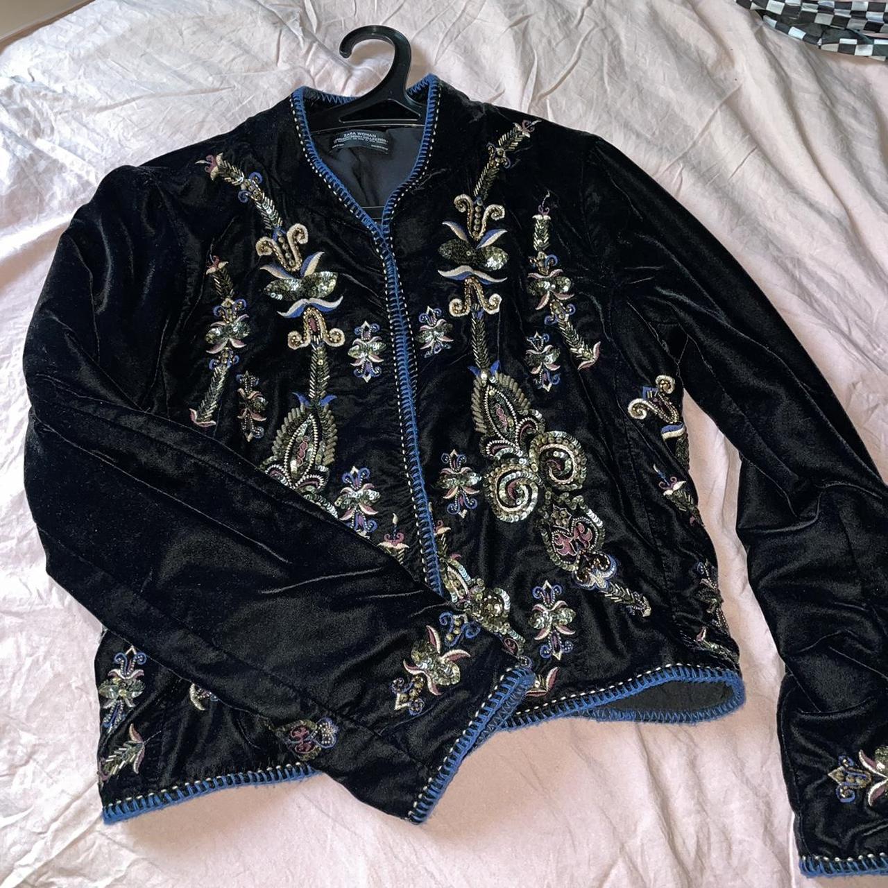 Embroidered black and navy velour jacket Perfect... - Depop