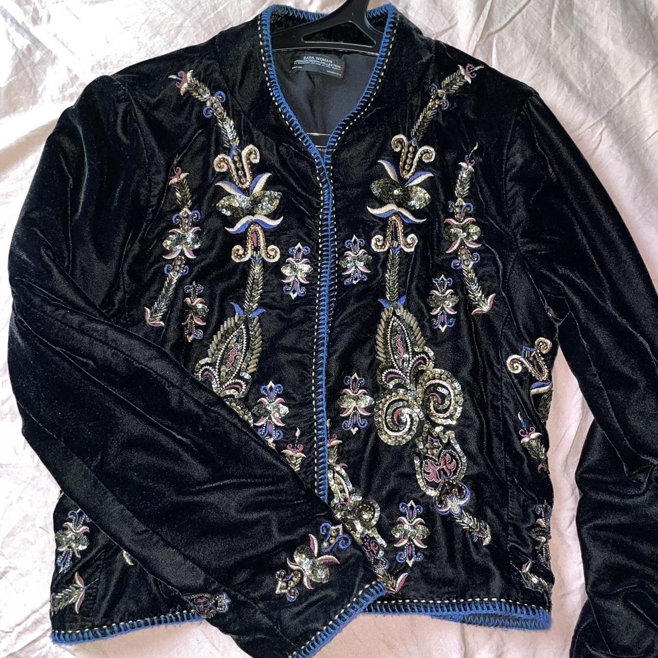 Embroidered black and navy velour jacket Perfect... - Depop