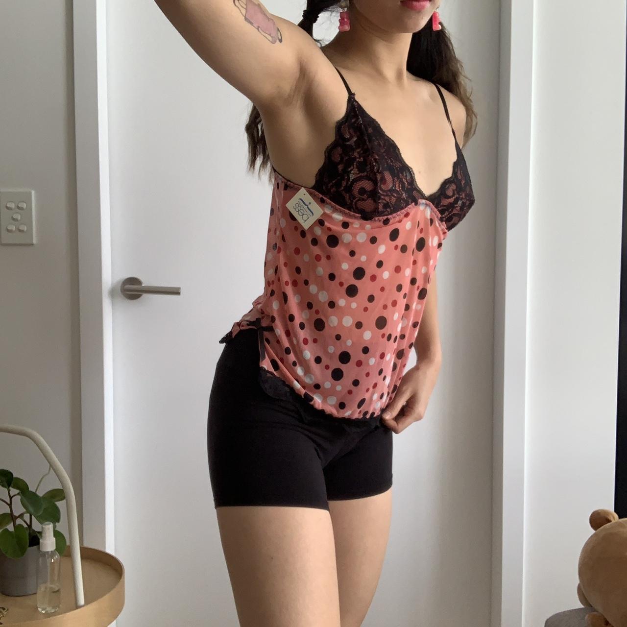 Pink and Black Polkadot Cami Top by bess... | Depop