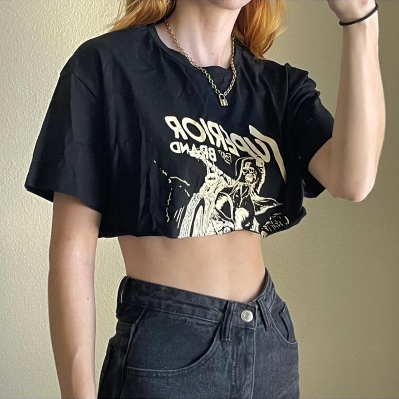 Black high crop top graphic t-shirt sized small... - Depop