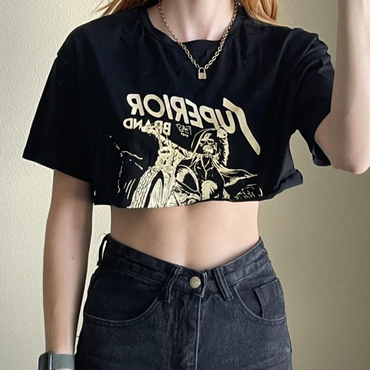 Black high crop top graphic t-shirt sized small... - Depop