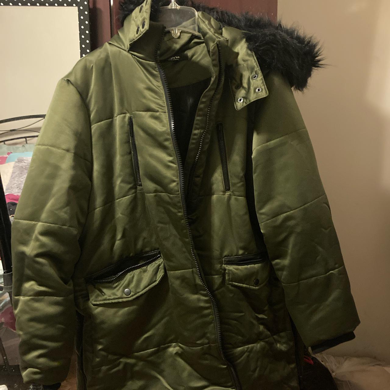 Olive green winter parka with black faux fur trim.... - Depop