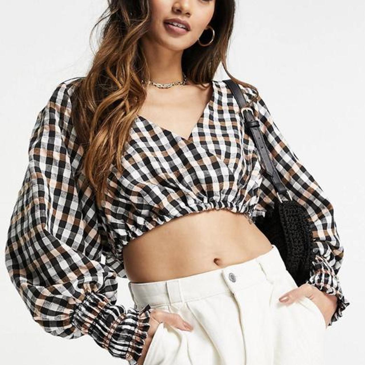 ASOS Checked Cropped Cut Out Top • Ruched Sleeves... - Depop