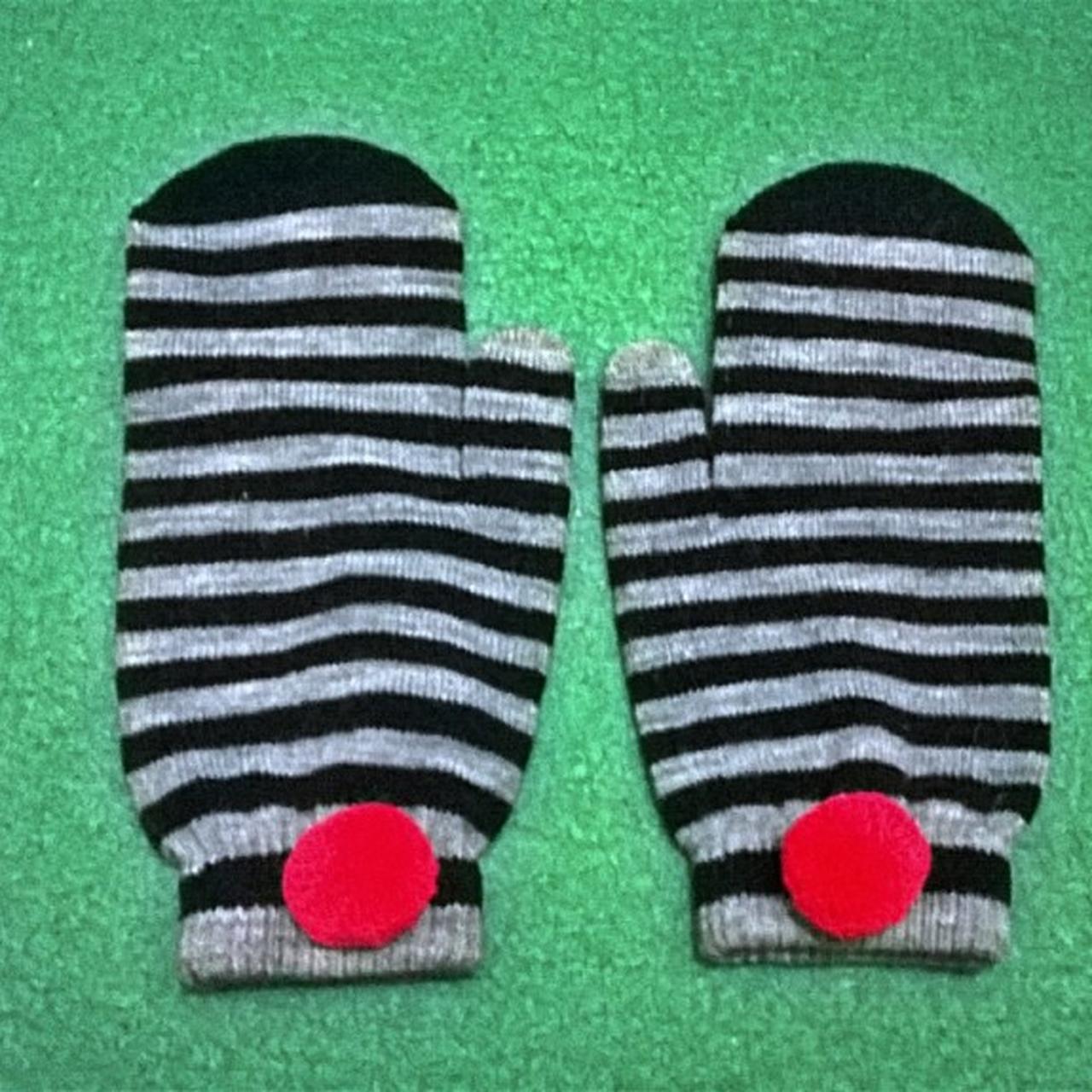 Cute black and grey stripes mittens with red pom pom... - Depop