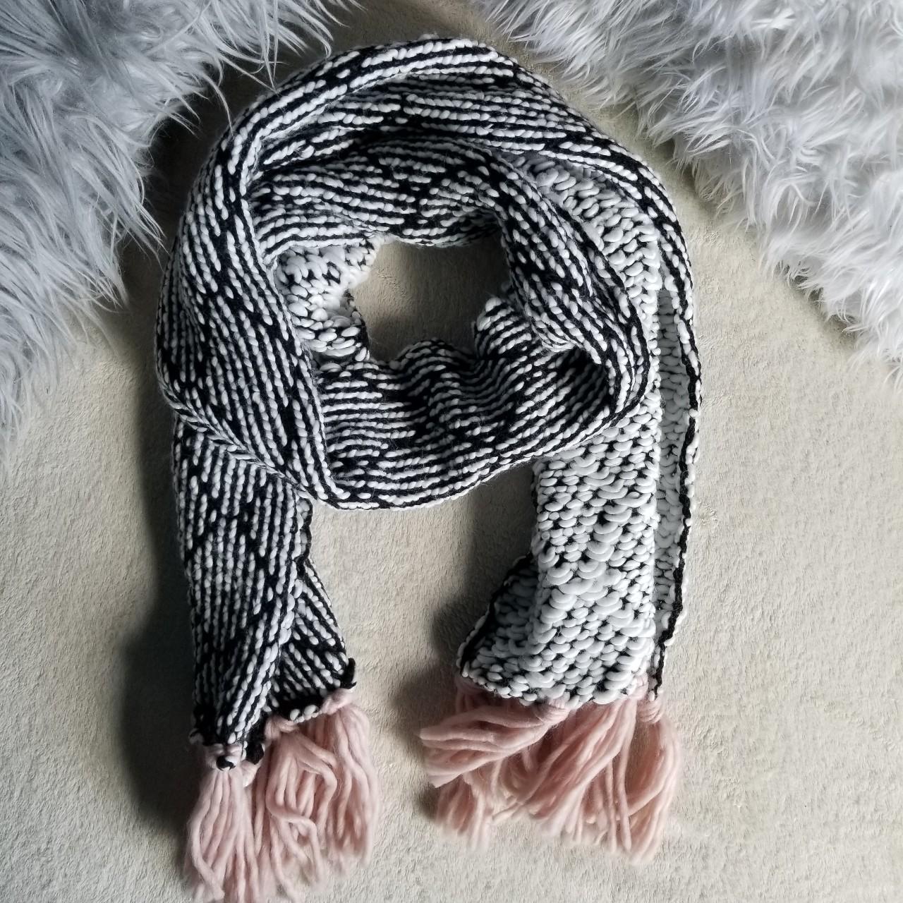 Black & white reversible scarf with pink tassels.... - Depop