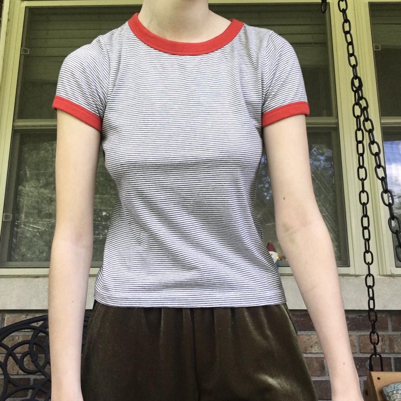 Adorable black and white striped red ringer cropped... - Depop