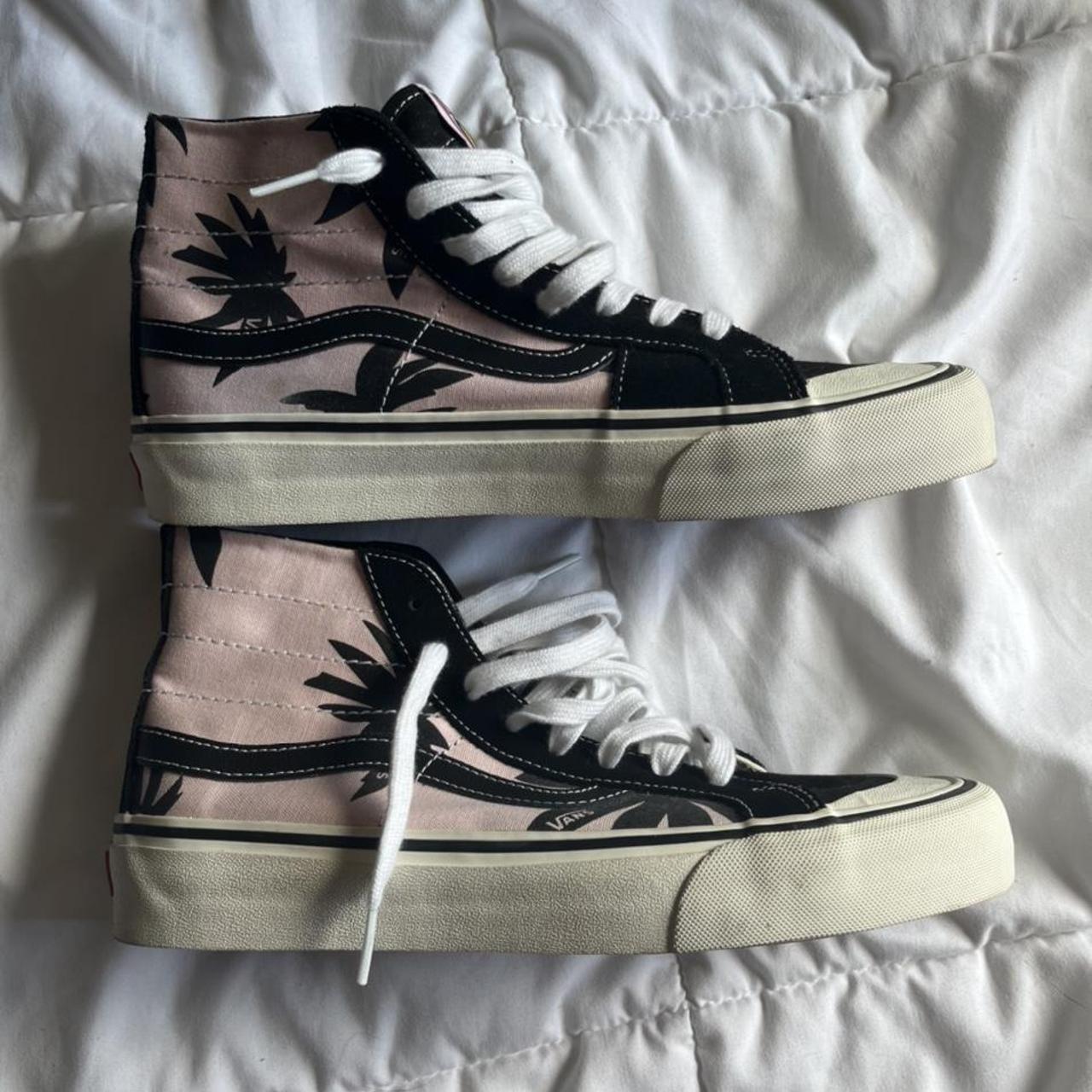 hightop vans with pink and black palm tree design!... - Depop