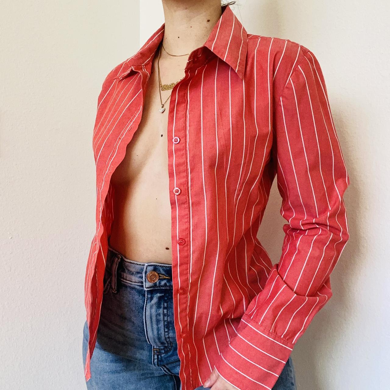 Pena House candy pinstripe collared button up long... | Depop