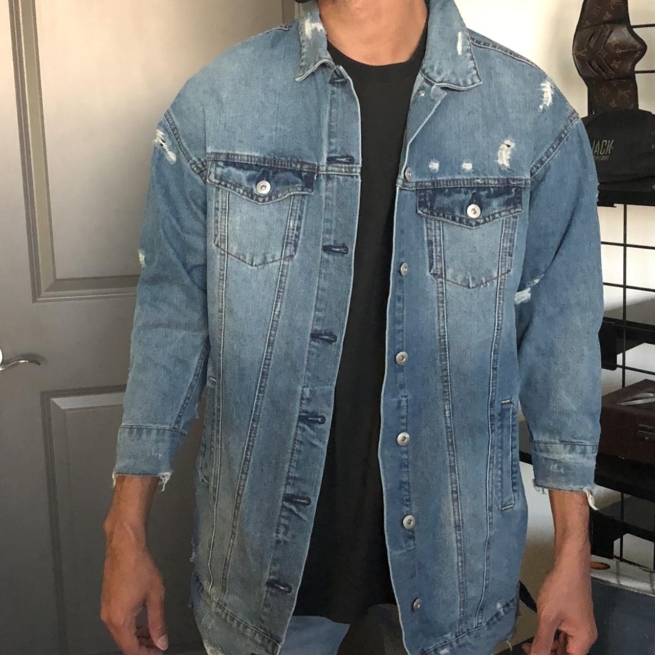 Long Denim Distressed Jacket Great... - Depop
