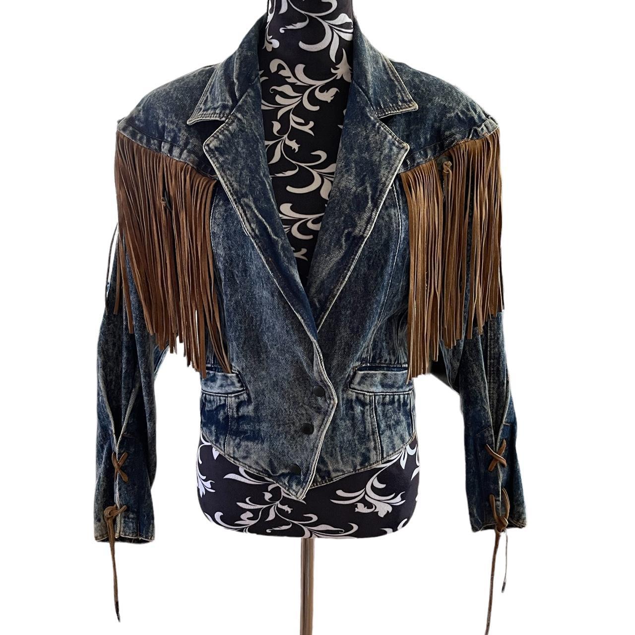 80s western leather fringe jean jacket SZ S - Depop