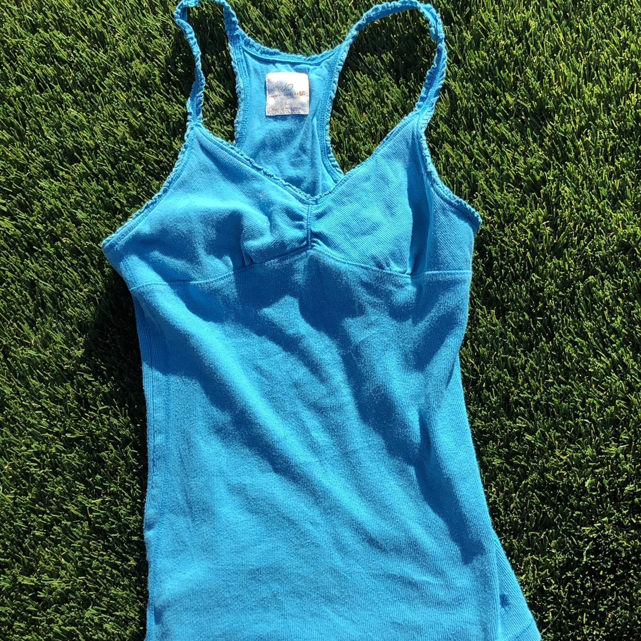 BLUE TANK TOP RUFFLED STRAPS SMALL STAIN ON CHEST... - Depop