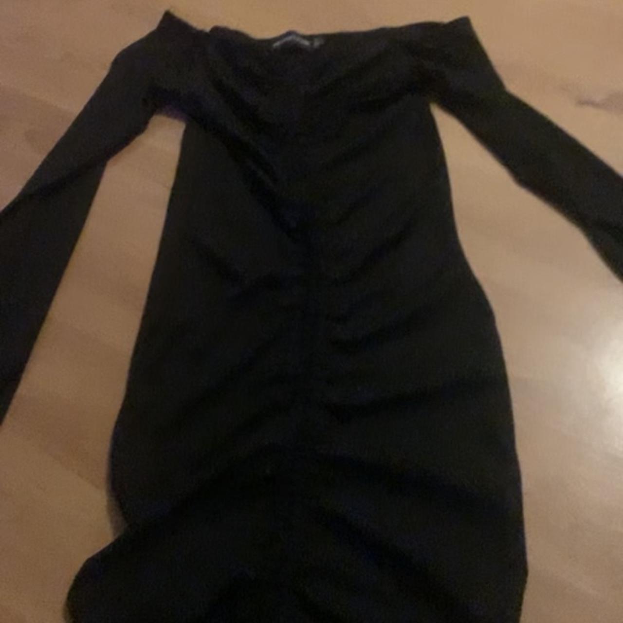 Rushed black dress with strings at bottom so can... - Depop