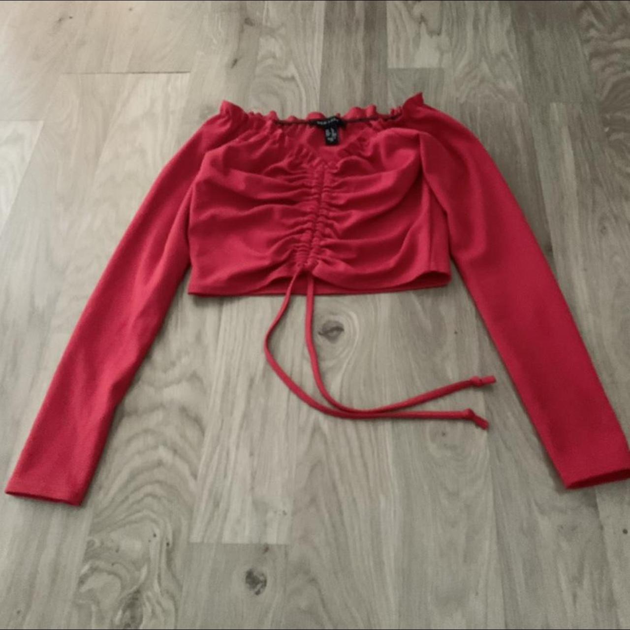 New Look red bardot long sleeve crop top Ruched... - Depop