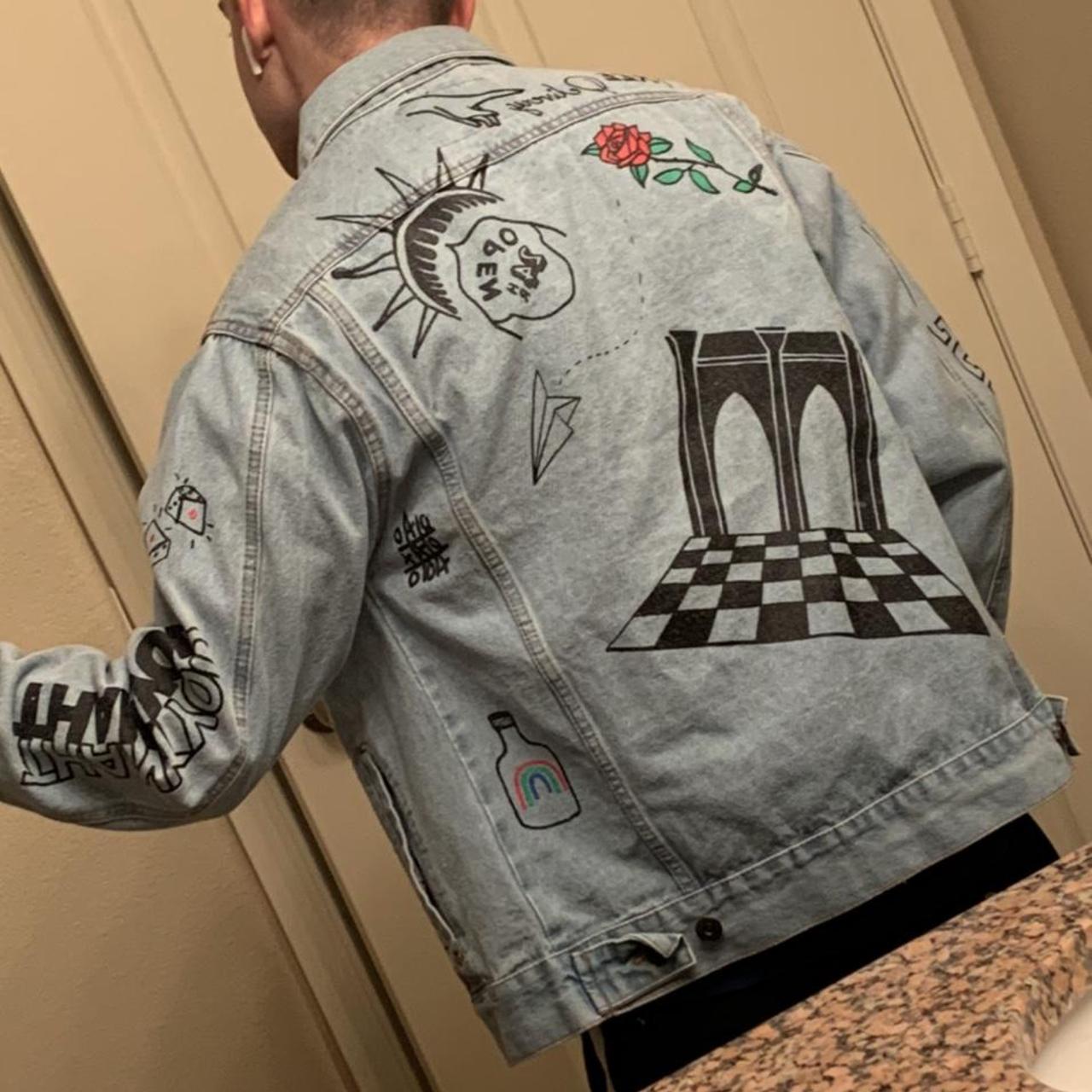 Cool graphic denim jacket! Barely worn, a bit too... - Depop
