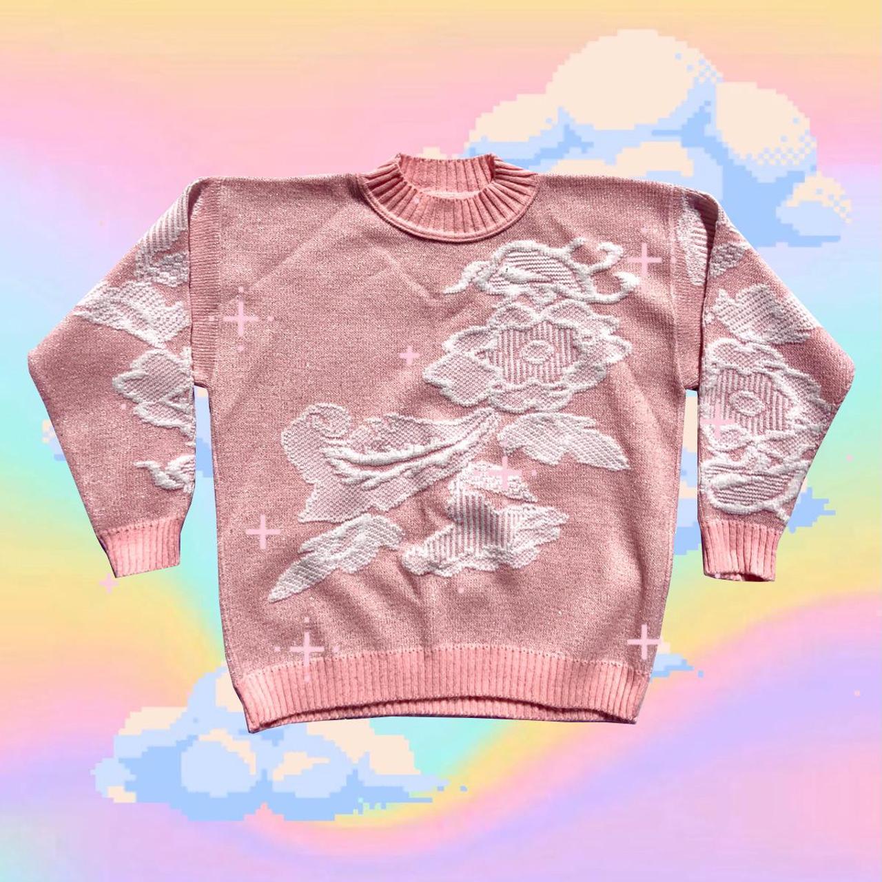 Vintage Pink and White Rose Sweater • Vintage light... - Depop