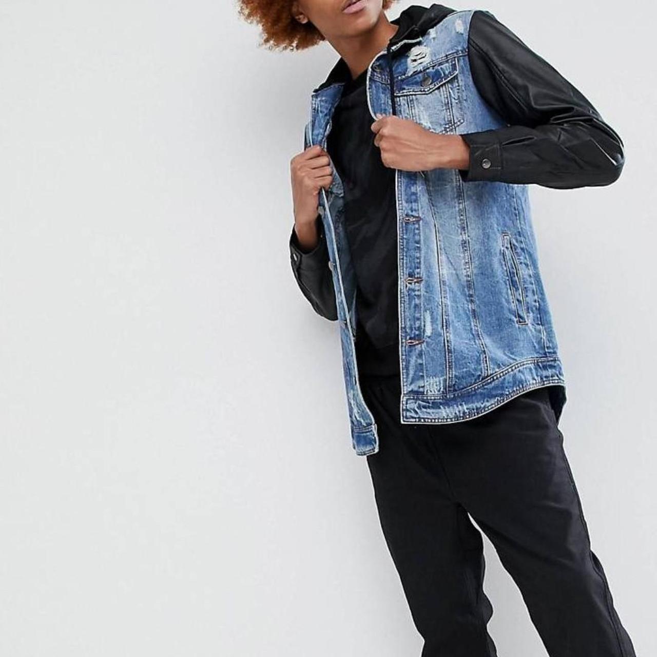 Criminal damage Denim jacket with PU sleeves Brand... - Depop